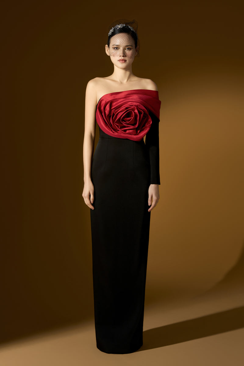 Asymmetric Column Gown With Draped Rose
