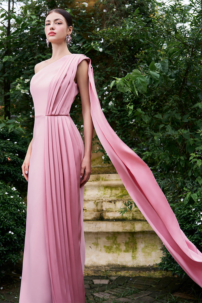 Asymmetrical Shoulder Column Gown With Pleated Details