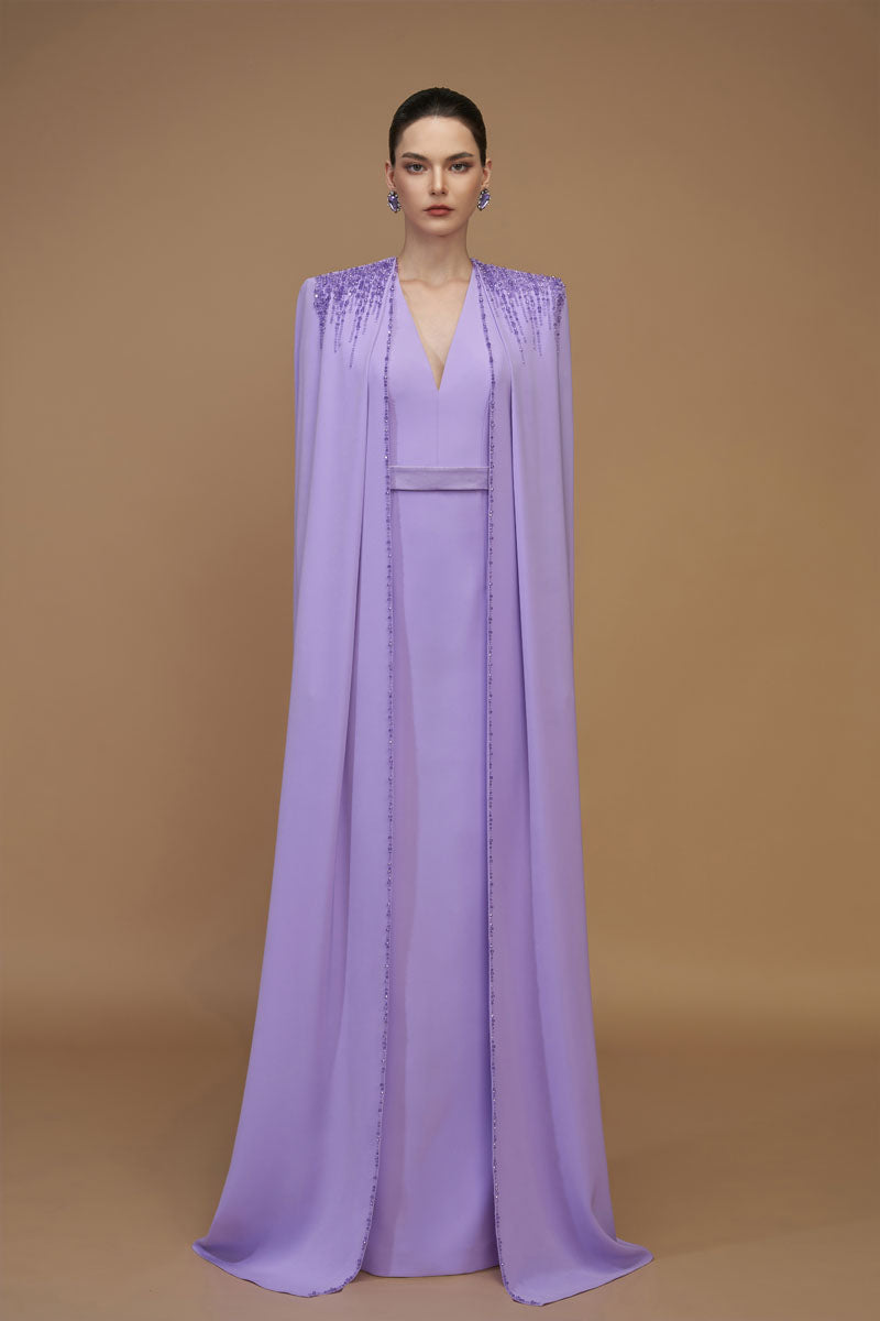 V-Neck Column Gown With Floor-Length Cape Sleeves In Light Purple